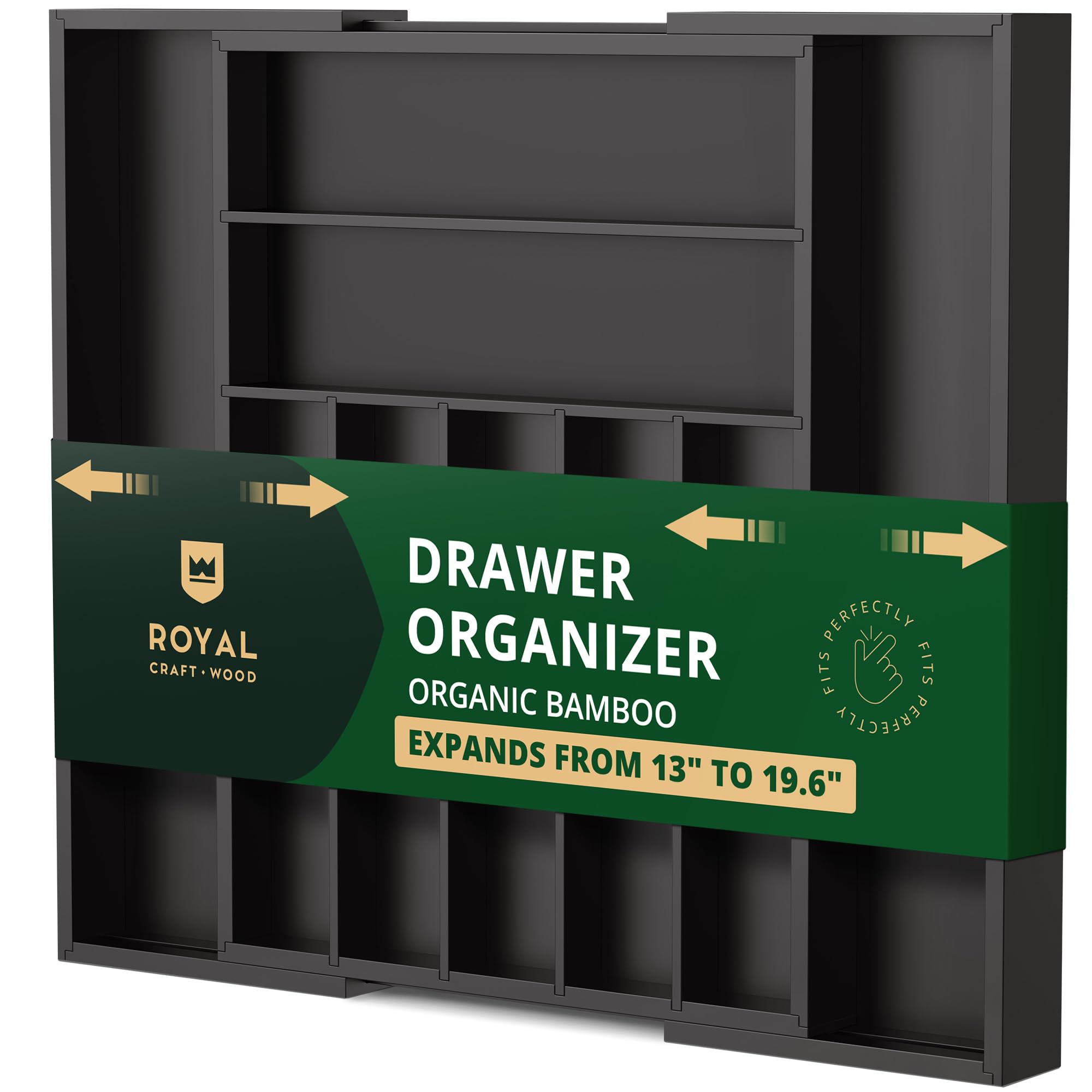 ROYAL CRAFT WOOD Luxury Bamboo Kitchen Drawer Organizer - Silverware Organizer - Utensil Holder and Cutlery Tray with Grooved Drawer Dividers for Flatware and Kitchen Utensils (9 Slot, Black)