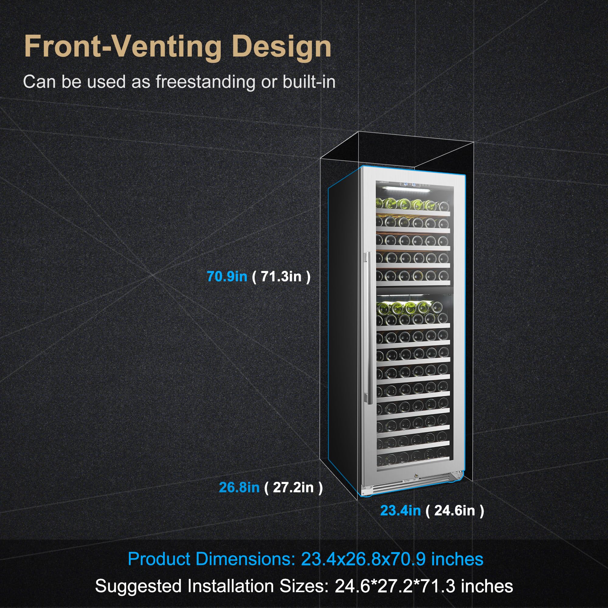 LANBOPRO Wine Cooler Refrigerator 153 Bottle Built-in Dual Zone Wine Cooler, Seamless Stainless Steel Trimmed Door, 24 Inch