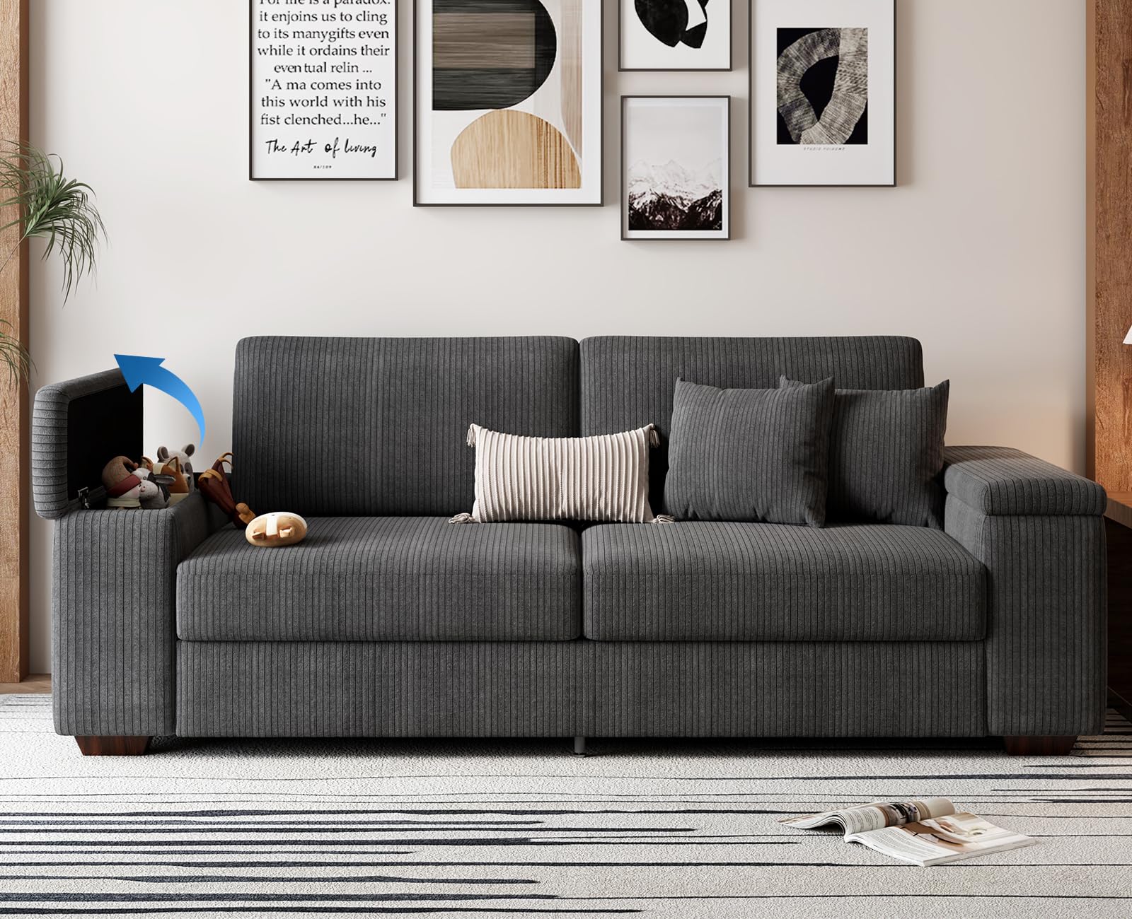 KKL 89 Inch Sofas for Living Room, Deep Seat Sofa, Comfy Sofa, Cloud Couch, Cream Couch, Sleeper Couch, 3 Seater Sofa with Pillows, Machine-Washable, Corduroy, Grey