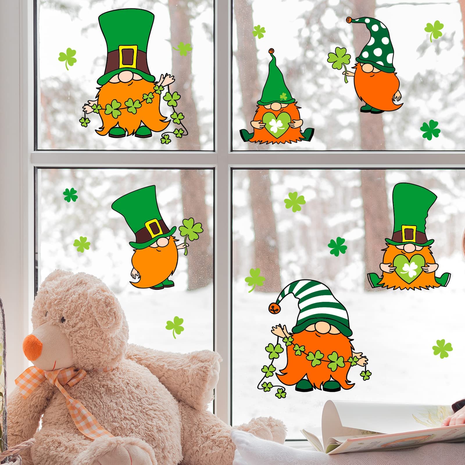 St. Patrick's Day Wall Decals Irish Shamrock Leprechaun Gnome Wall Stickers Removable Art Mural for Kids Room Nursery Bedroom Window Irish Party Supplies Home School Decor