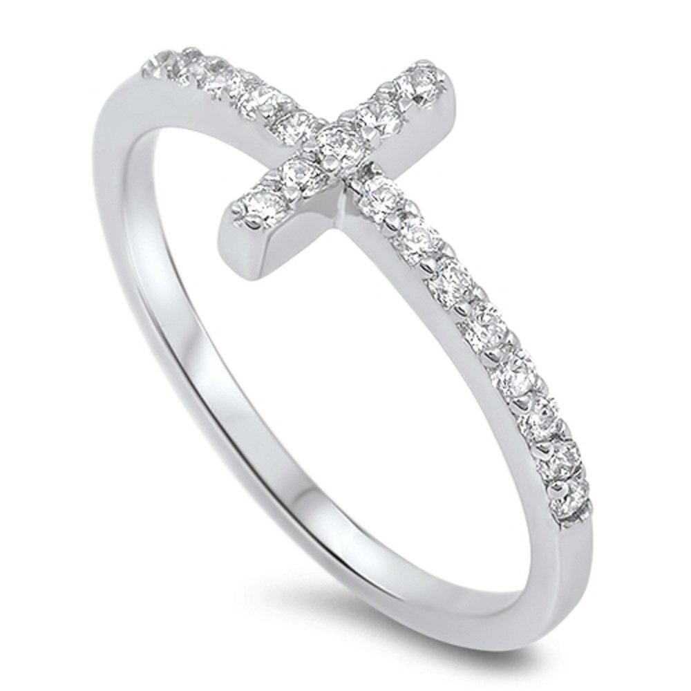 CloseoutWarehouse Cubic Zirconia Christian Sideway Cross Ring Sterling Silver Yellow Gold-Tone Plated Size 8