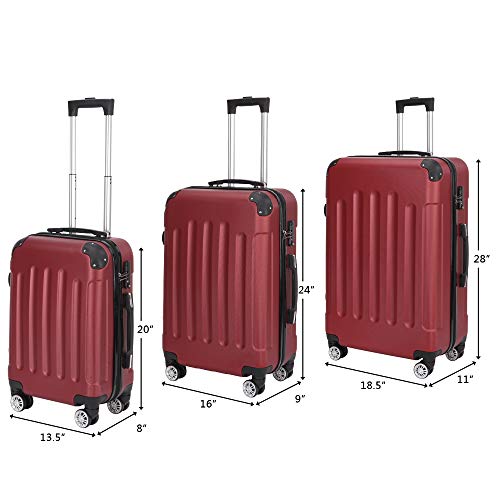 Karl home 3-Piece Luggage Set Travel Lightweight Suitcases with Rolling Wheels, TSA lock & Moulded Corner, Carry on Luggages for Business, Trip, Wine Red (20"/24"/28")