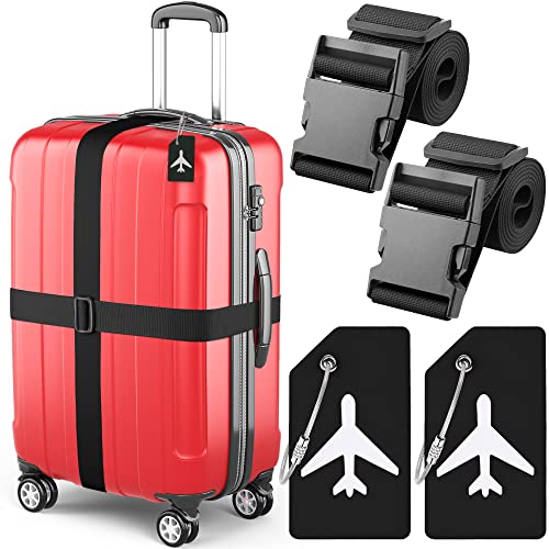 Luggage Straps w/Name Tags (Black, 73.6" Long, 2 Inches Wide, 2 Pack), Adjustable Nylon Belt for Travel Suitcases & Bags by Mifflin-USA