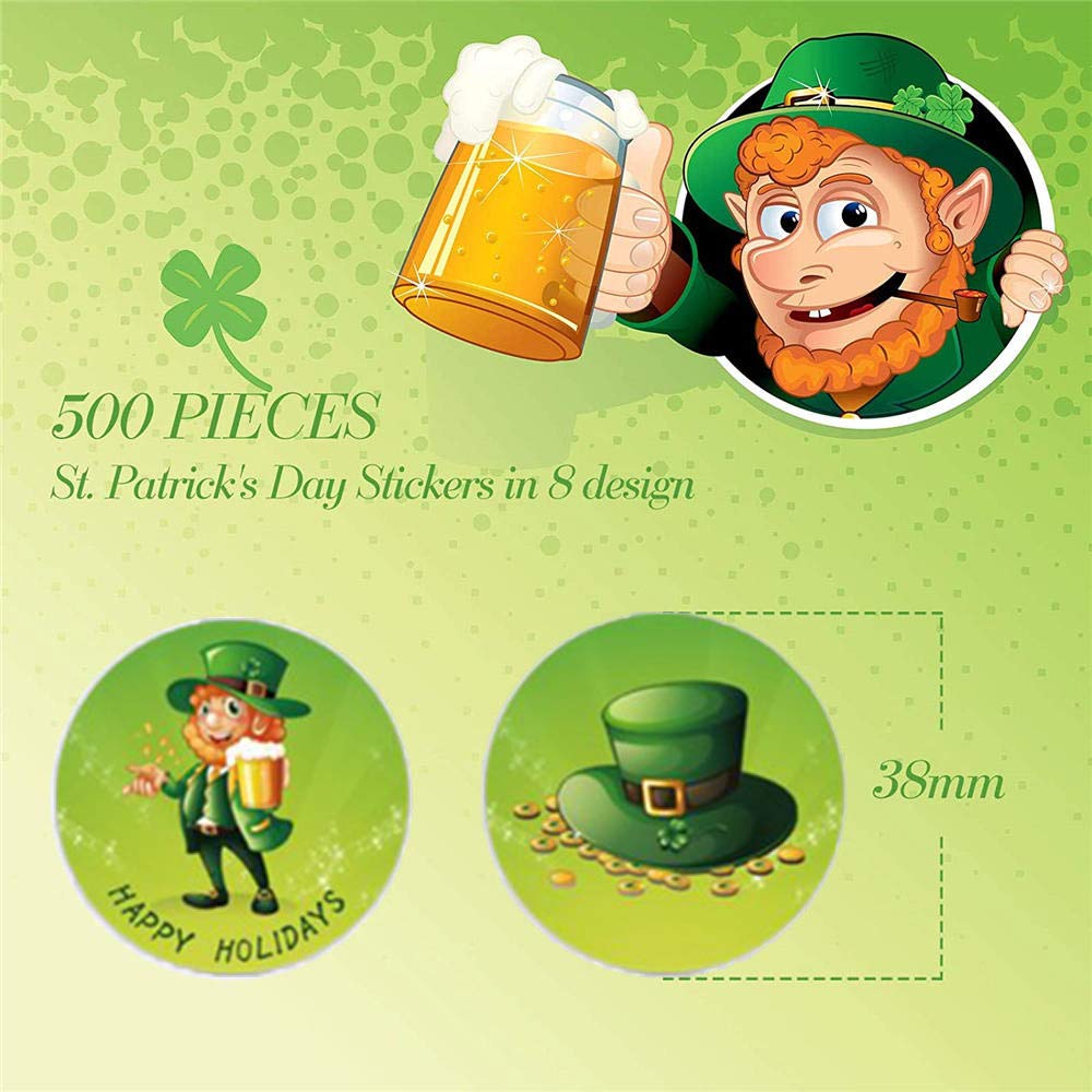 St. Patrick's Day Stickers Roll Shamrock Label Stickers DIY Gift Boxes Seal Labels Packaging Clover Sticker Irish Festival Party Deco Crafts Supplies(500 Pieces)