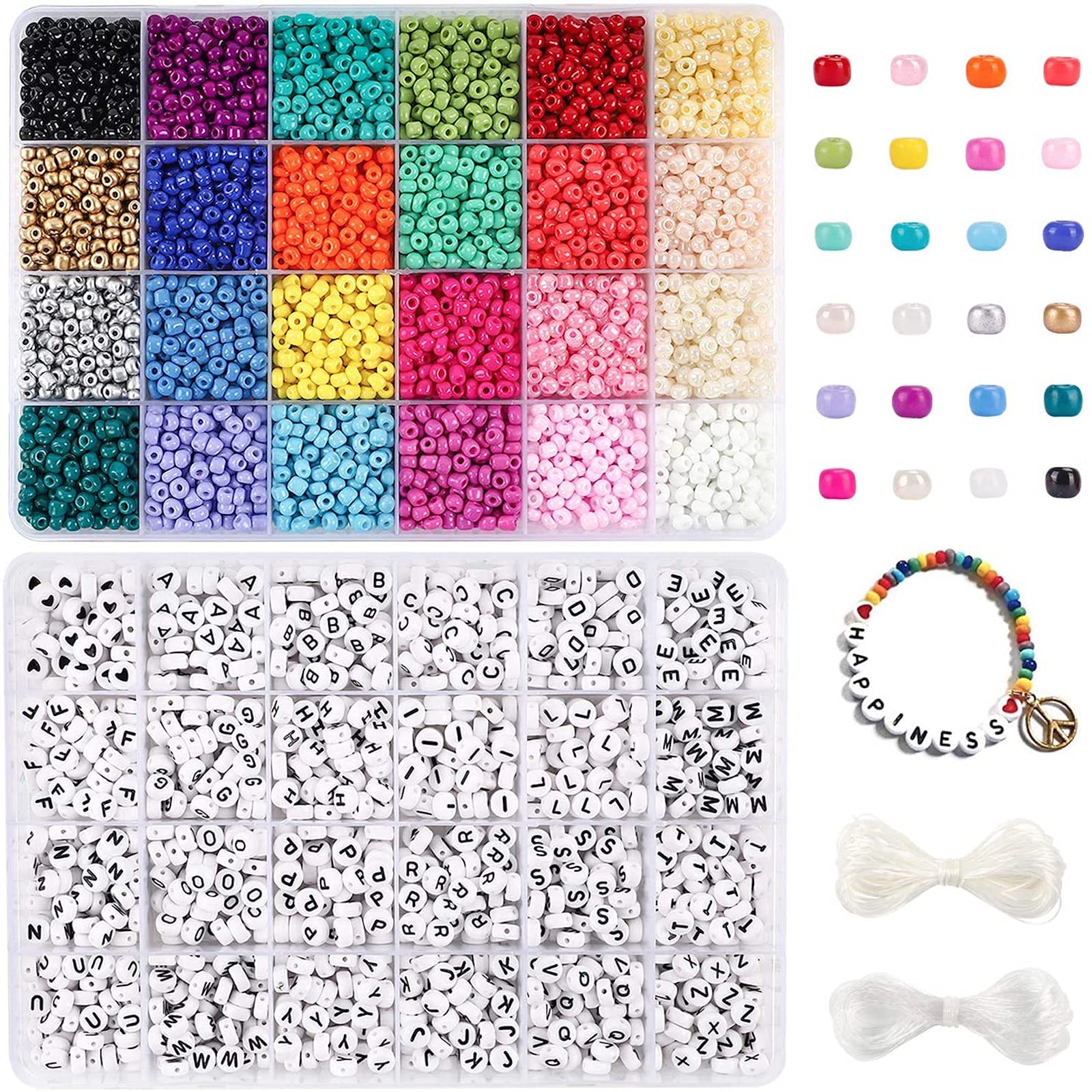 DICOBD Beads Kit for Bracelets, 6000pcs 4mm Glass Seed Beads and 1200pcs Letter Beads with 2 Rolls of Cord for Bracelets Necklaces and Key Chains Making
