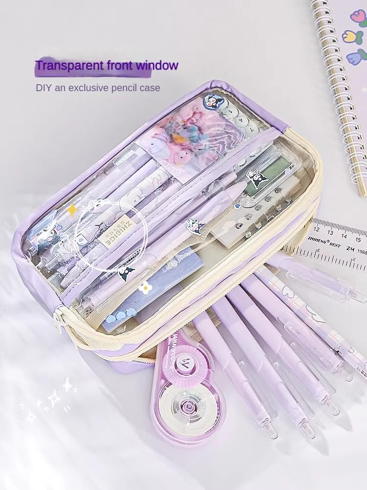 MILLEVIBE Kawaii ITA Pencil Pouch: Large Capacity Multi-Compartment Pen Case with Clear Window for Anime Display (Blue)