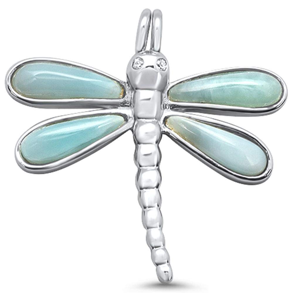CloseoutWarehouse Bezel Set Natural Larimar Dragonfly Charm Pendant Sterling Silver