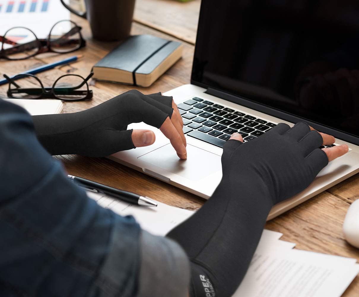 Copper Compression Long Arthritis Pain Relief Gloves - Copper Infused Orthopedic Fingerless Hand Brace for Women, Men - Carpal Tunnel, Computer Typing, RSI, Support Hands, Wrist, Arms