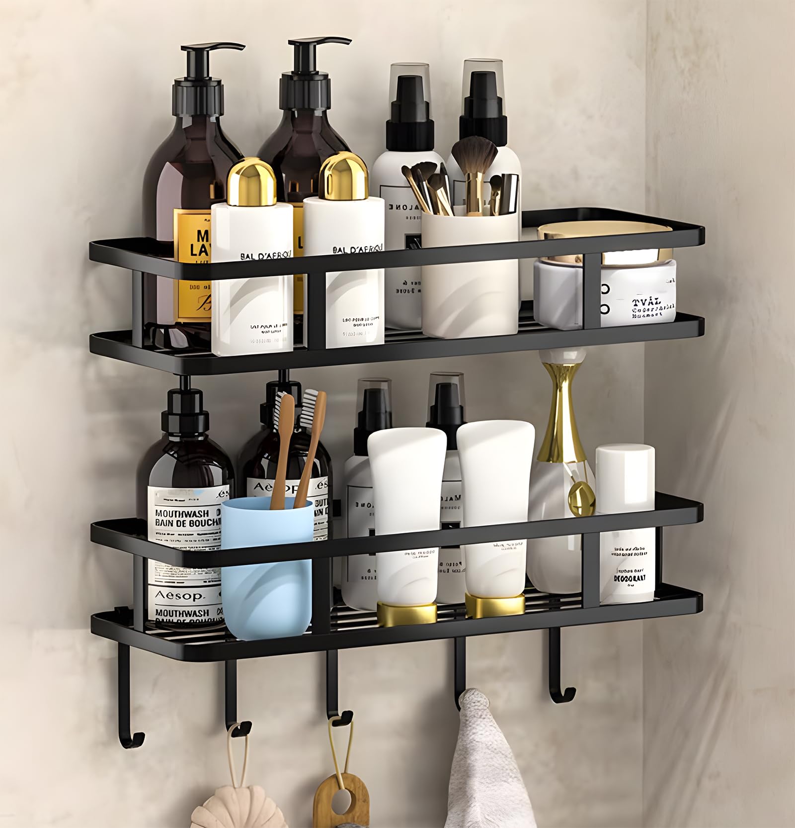 Diderm Shower Caddy - 2 Pack, Adhesive Shower Organizer No Drilling with 10 Hooks, Rustproof Bathroom Shelves Basket, Large Capacity Wall Mounted Shower Rack for Bathroom, Kitchen, Matte Black