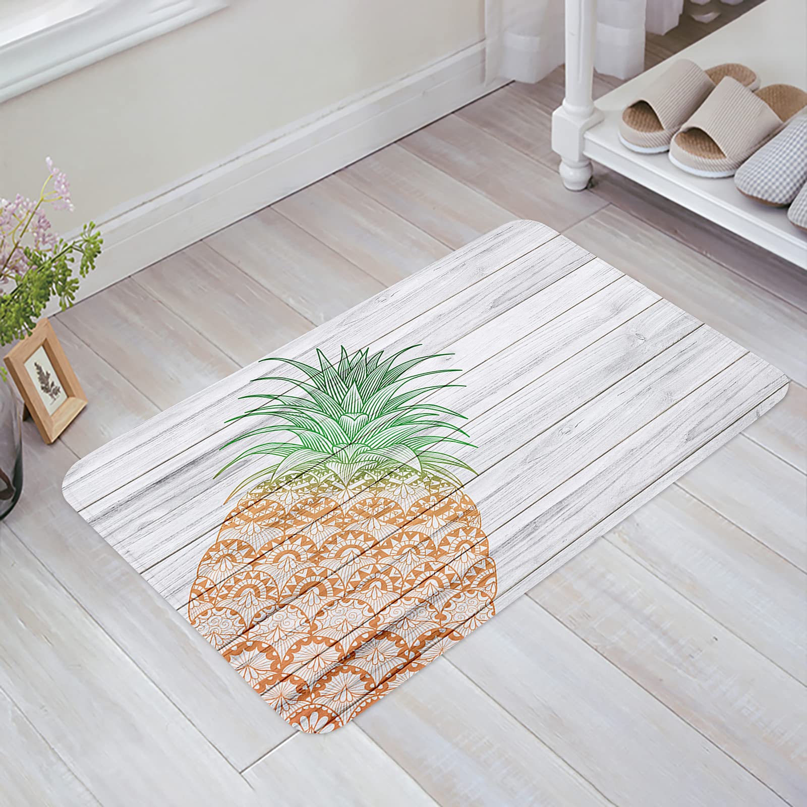 Front Door Mat Floor Mats for Home Decor, Pineapple on Wood Memory Foam Runner Area Rug Non-Slip Absorbent Doormat Washable Rug, 18x30Inch Welcome Mats for Bedroom Decor Living Room Decor