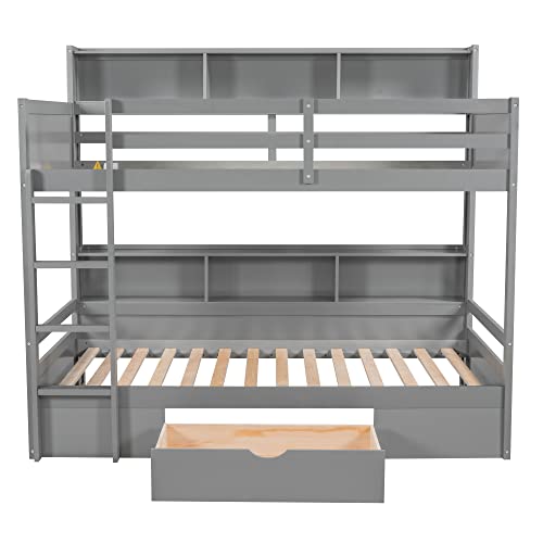 Merax Twin Size Bunk Bed with Built-in Shelves Beside Both Upper and Down Bed and Storage Drawer, Twin Over Twin Solid Wood Bed Frame for Teens, Grey