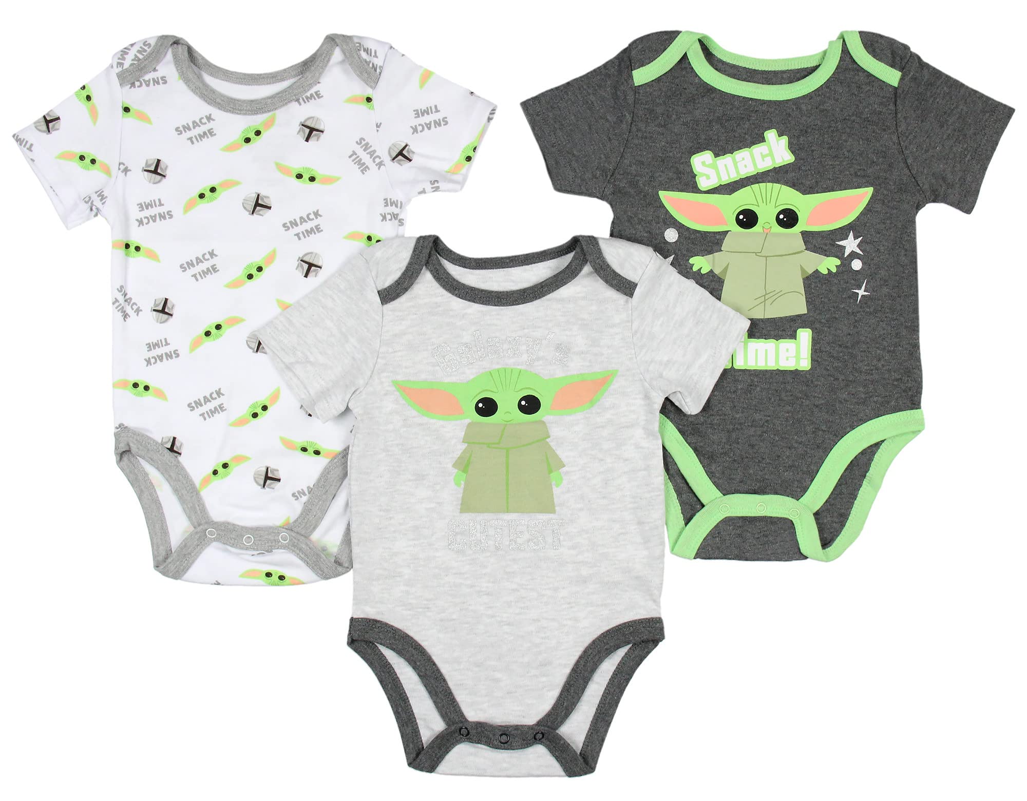 Star Wars Infant Baby The Mandalorian Snack Time Grogu Baby Yoda One Piece Romper 3 Pack (0-3 Months) Grey