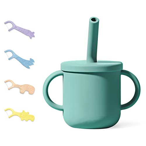 Hippywell 100% Silicone Baby Straw Cup, Baby and Toddler Training Cup with Lids and Non-Slip Handles, Silicone Training Cup with Straw, 5Oz Straw Training Cup, 6+ Months, Green
