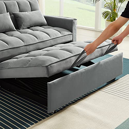Sleeper Sofa Couch w/Pull Out Bed, 55" Modern Velvet Convertible Sleeper Sofa Bed, Small Love seat Sofa Bed with 2 Pillows & Detachable Side Pockets for Small Space, Living Room, Apartment, Grey