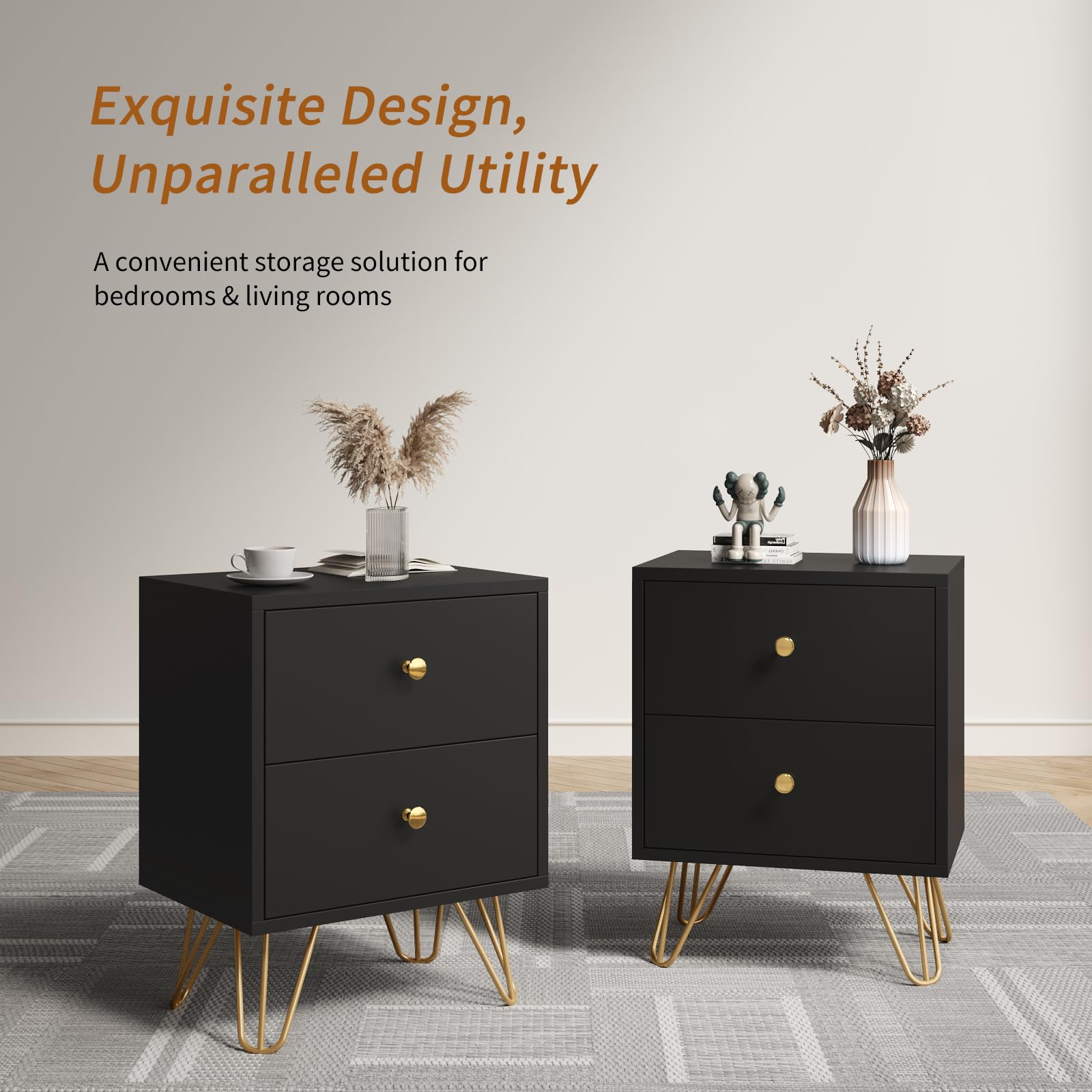 Tradare Black Nightstand Set of 2, Black and Gold Night Stand with 2 Drawers, Modern End Table with Metal Legs and Gold Handles, Bedside Table for Bedroom, Hallway