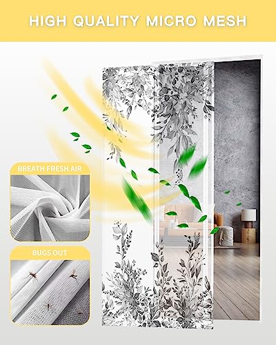 ZOE GARDEN Grey Eucalyptus Magnetic Screen Door for Sliding/Single/French Doors, Self Sealing Magnets Patio Door Screen Heavy Duty Mesh Curtain, Fall Leaves Country Rustic Chic Flower