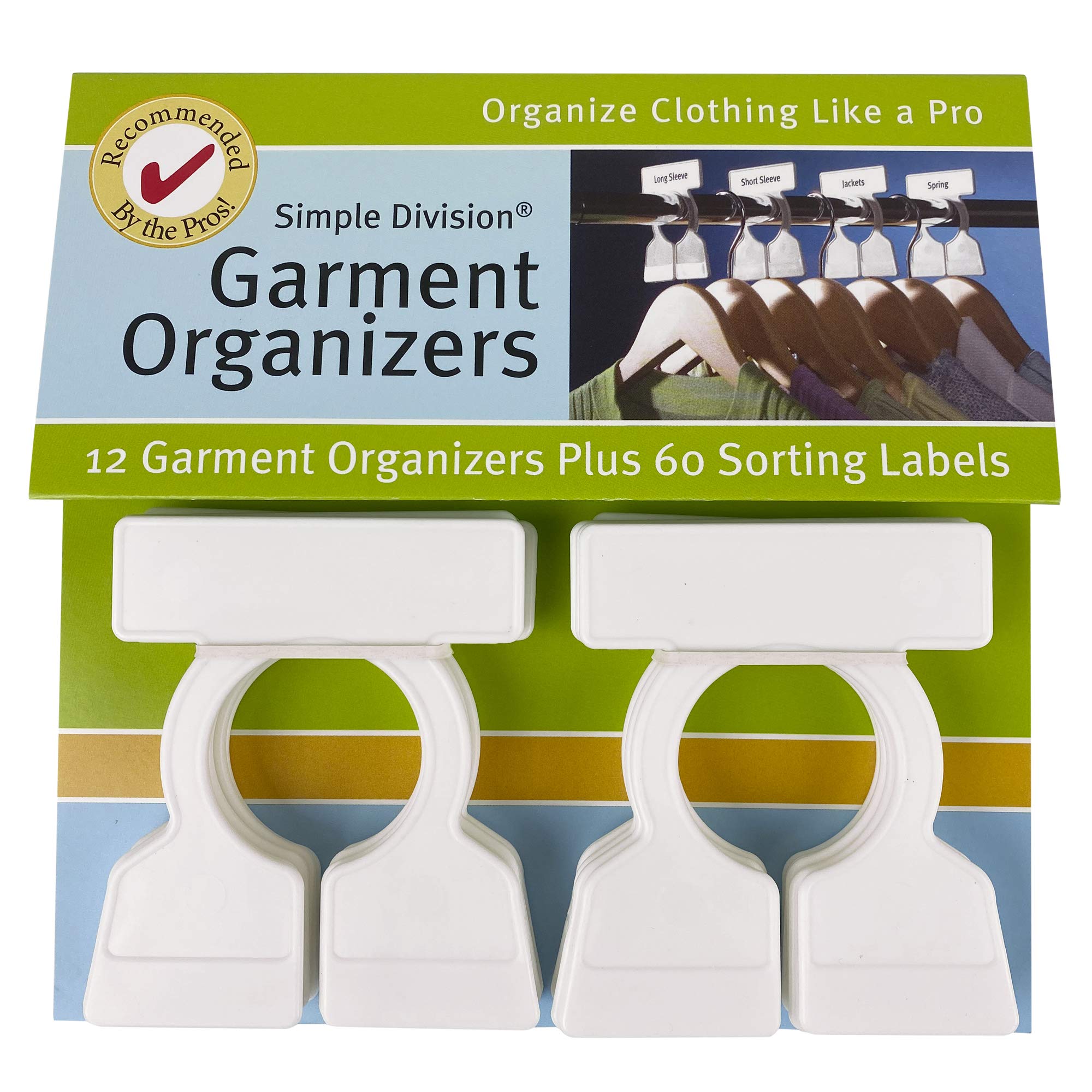 Simple Division Garment Organizers - Sort, Put Away, and Find Clothes Easily - 12 White Closet Organizers - Includes 60 Bilingual Sorting Labels