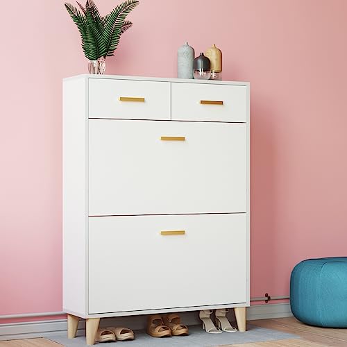 Wildhome Shoe Cabinet,20 Pair Freestanding Shoe Rack Storage Organizer with 2 Flip Door,2-Tier Shoe Storage Cabinet for Heels, Boots, Slippers (White)