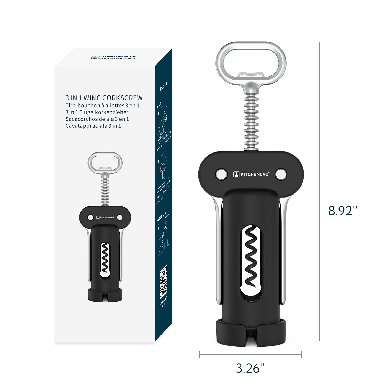 KITCHENDAO 3 in 1 Wing Corkscrew Wine Bottle Opener with Foil Cutter, Built-in Beer Bottle Opener, Multifunctional Wine Opener with Non-Stick Sharp Screw,Easy to Use, Manual Wine Corkscrew,Black