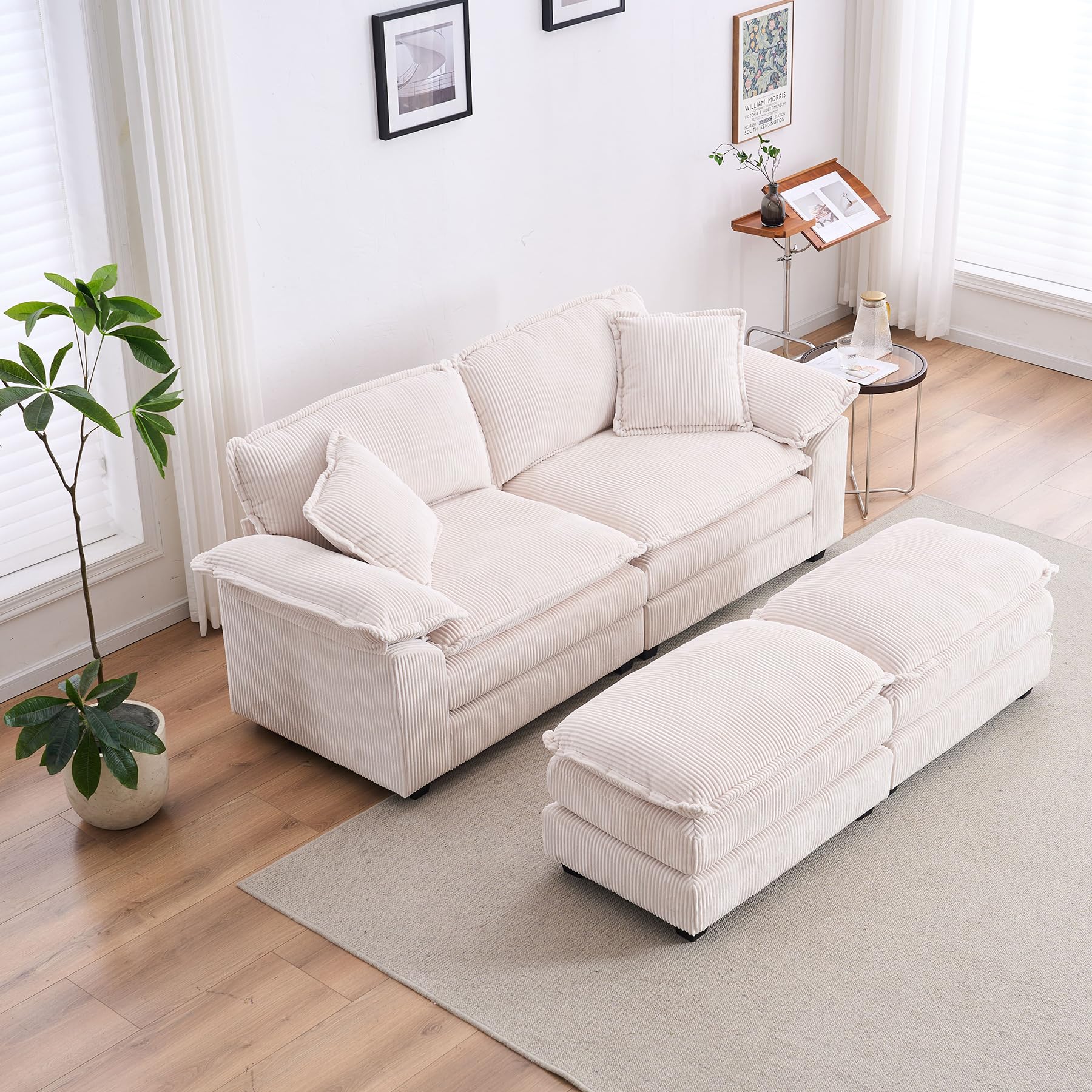 OUYESSIR Oversized Loveseat Sectional Sofa Couch with 2 Ottoman, 84.6" Modern Upholstered Corduroy Modular Cloud Couch, Comfy Deep Seat L Shaped Sofa for Living Room, Small Space, Grey