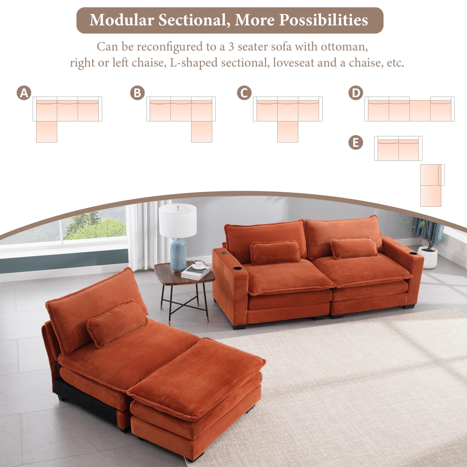KIVENJAJA Corduroy Cloud Sectional Couch, Modern Comfy Modular L-Shaped Sectional Sofa with Ottoman, Cup Holders & USB Port for Living Room Apartment, 117.7”W, Orange