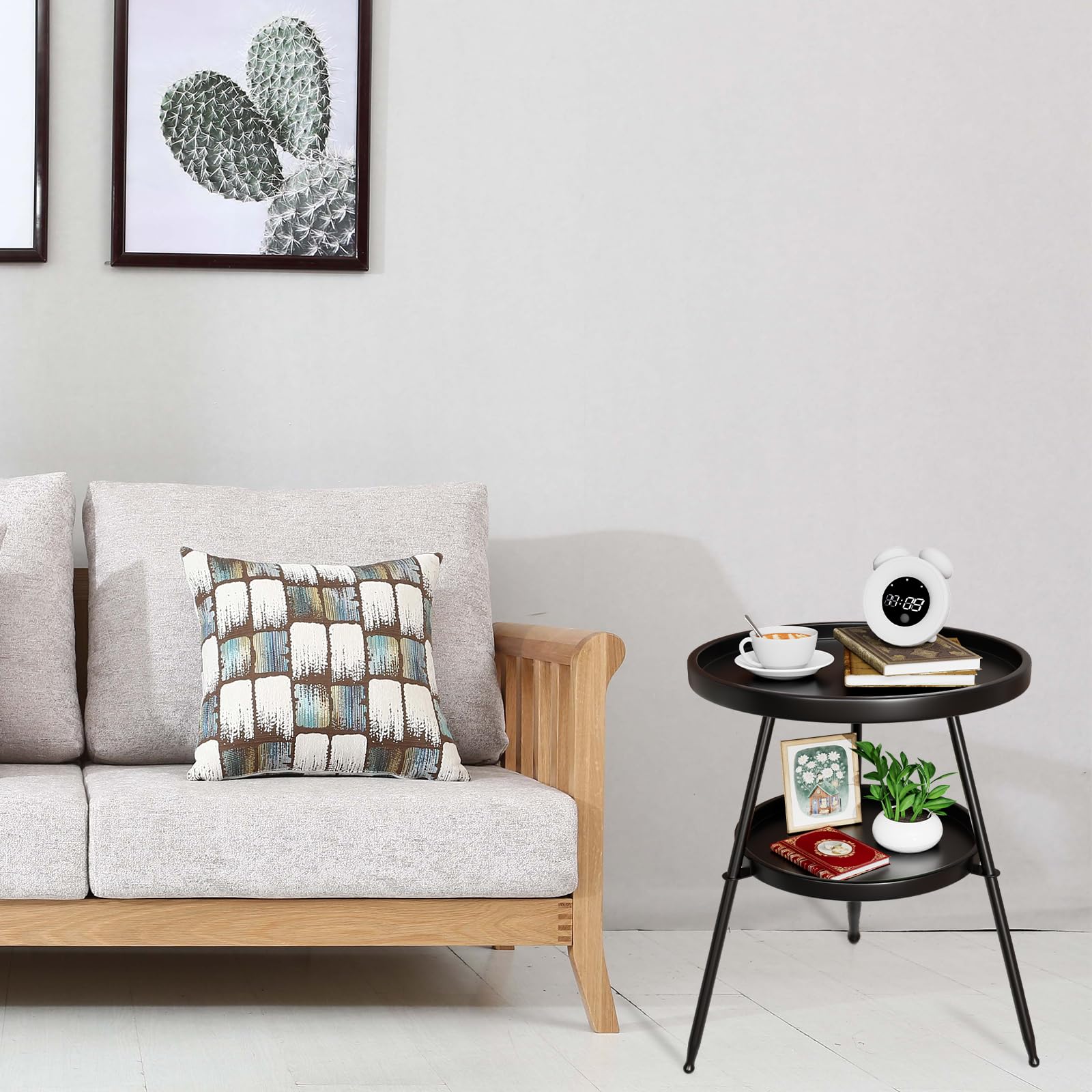 OUYPLTNY 2 Tier Round End Table,Black Small Side Table Round Metal Coffee Tables Nightstand for Small Spaces Indoor Outdoor and Living Room Bedroom or Office(2tier02)