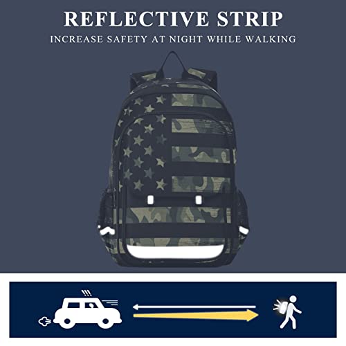 Vnurnrn Kids Backpack American Flag with Green Camo Print Big Storage Multi Pockets 17.7 IN School Backpack with Chest Buckle Reflective Strip for Boys Girls 6+ years in Primary Middle High School