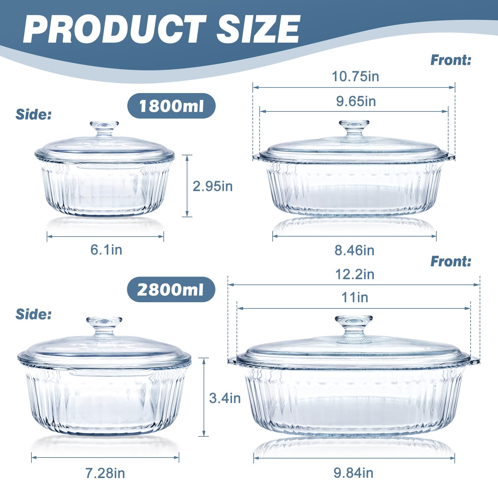 Oval Casserole Dish with Lid: Casserole Dishes for Oven with Lids, Covered Clear Glass Casserole Bakeware,1.8L or 2.8L (transparent, 2.8L)