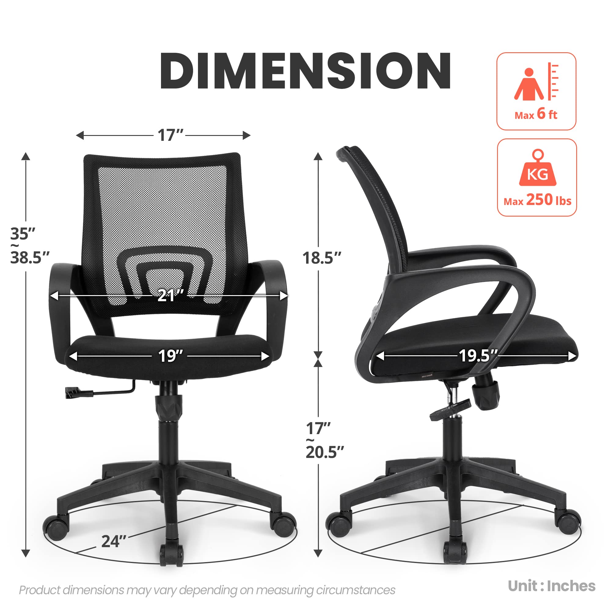 NEO CHAIR Computer Desk Chair Gaming - Ergonomic Mid Back Cushion Lumbar Support with Wheels Comfortable Mesh Racing Seat Adjustable Swivel Rolling Home Executive (2 pk - Black)