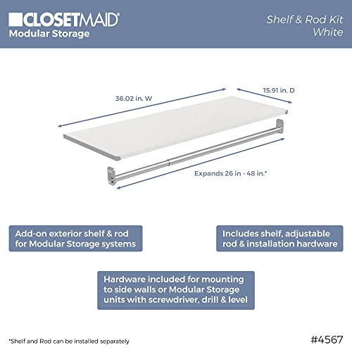 ClosetMaid Modular Shelf & Hang, Wood Organizer Adjustable Closet, Add On Storage Accessory, White, Shelf and Hang Rod Kit