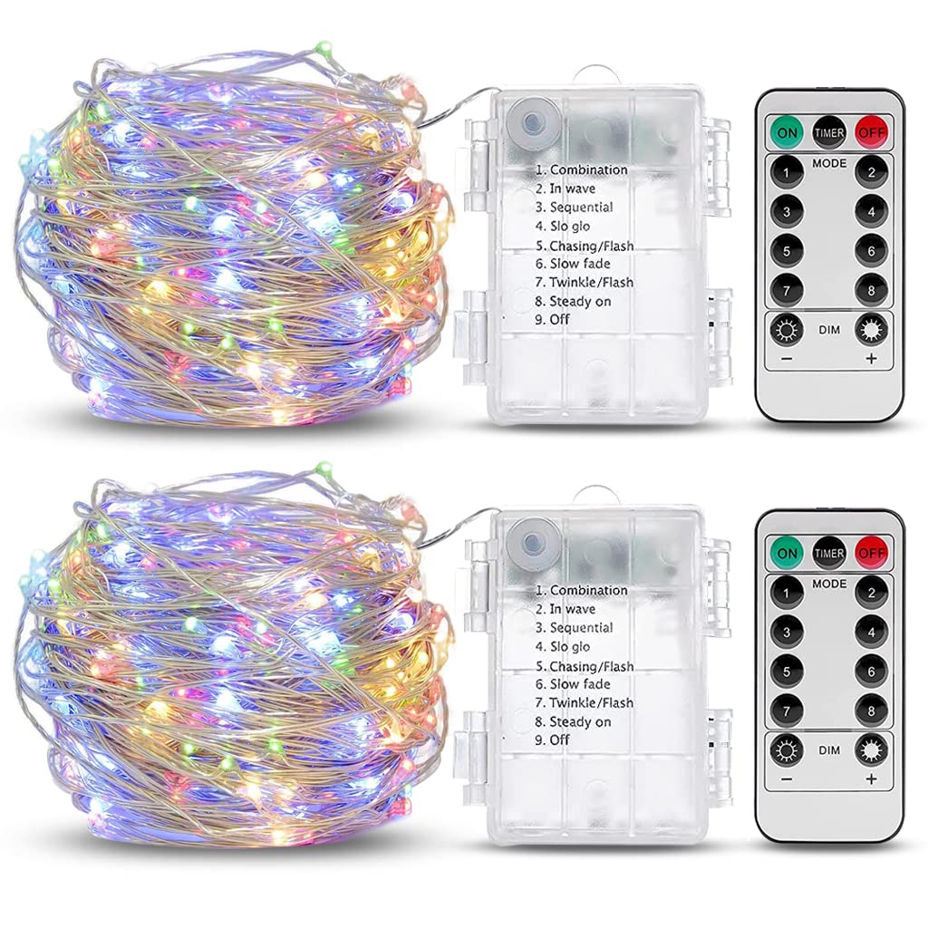 Dienalls Fairy Lights 2 Pack Battery Operated Waterproof 50leds with Remote Control Timer 16.4ft Silver Wire Twinkle String Lights for Christmas Parties Bedroom Wedding Dorm Garden Home Decoration