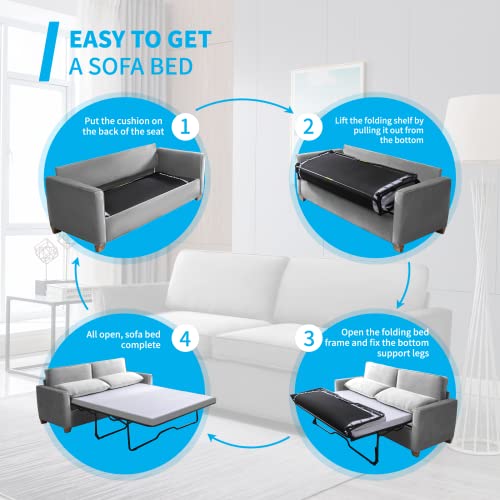 Mjkone 2-in-1 Pull Out Velvet Sofa Bed with Folding Mattress, Full Size Couch Bed Suitable for Living Room, Sofa Sleeper for Apartment/Small Spaces ( Grey)