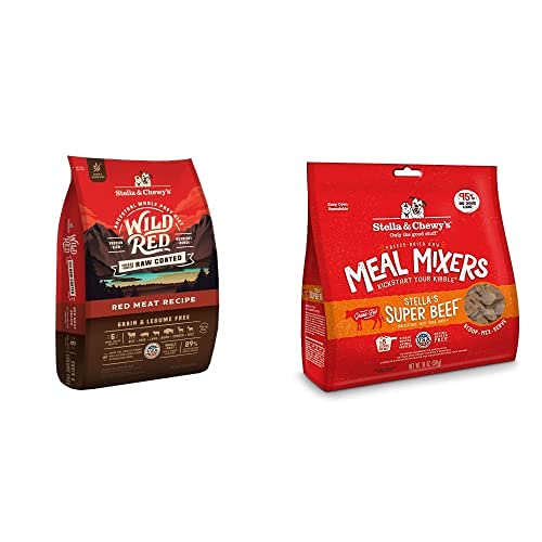 Stella & Chewy's Wild Red Raw Coated Kibble Dry Dog Food Grain Free Red Meat Recipe, 21lb Bag + Freeze-Dried Raw Meal Mixers Dog Food Topper Stella's Super Beef Recipe, 18oz Bag