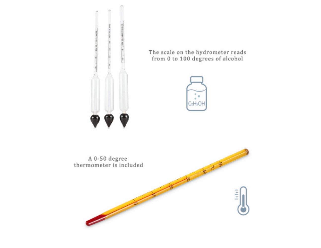 Mudent (100 Set Professional Hydrometer Alcoholmeter - 3pcs Hydrometer Alcoholmeter Set 0 to 100% Alcohol Meter Test + Thermometer for Wine Alcohol Whisky