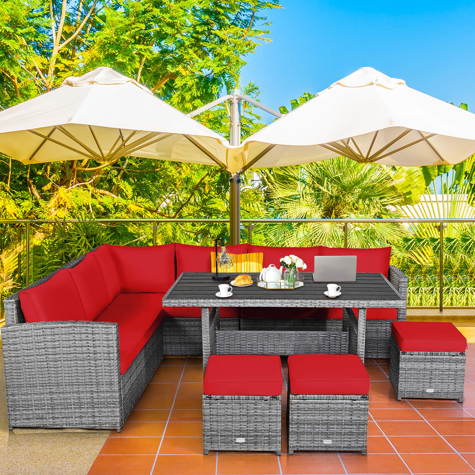 Tangkula 7 Pieces Patio Furniture Set, Outdoor Sectional Rattan Sofa Set with Cushions, All Weather Wicker Conversation Couch Set w/Dining Table & Ottomans for Backyard Garden Poolside