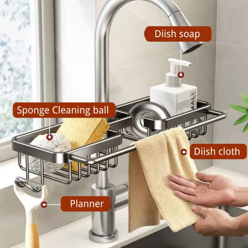 LuLusmoda Kitchen Sink Rack Faucet Sponge Holder Over The Sink Organizer Faucet Rack with Hook,A Free Dish Cloth Note:Round Pipe with Diameter 0.7-1.1 Inchs Can Be Used(Aluminum,Double,Elegant Gray