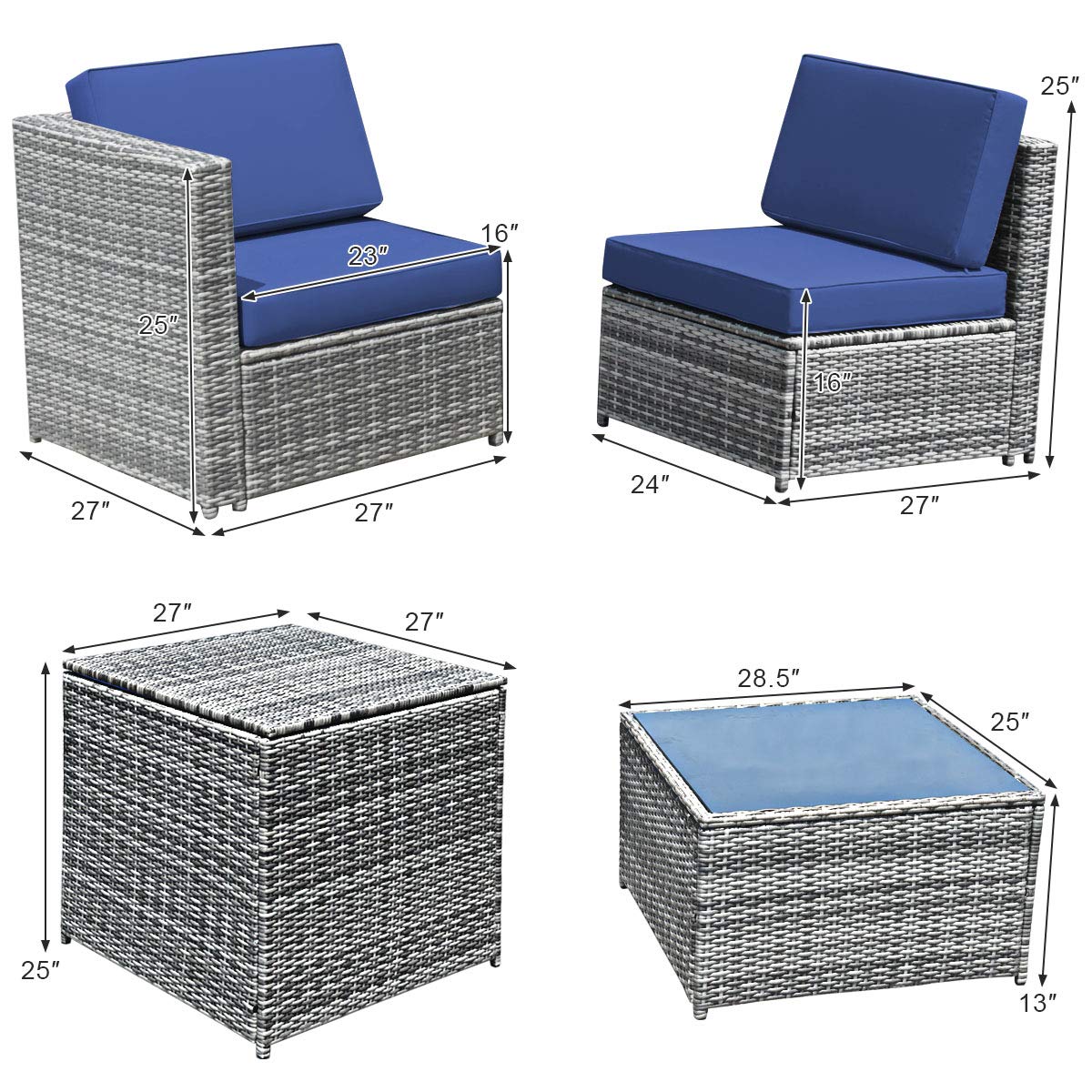 Tangkula 8 PCS Outdoor Patio Furniture Set, Rattan Wicker Sofa Set, Sectional Sofa Couch Conversation Set w/Storage Table and 12 Zippered Cushions for Garden Backyard Poolside (Navy)