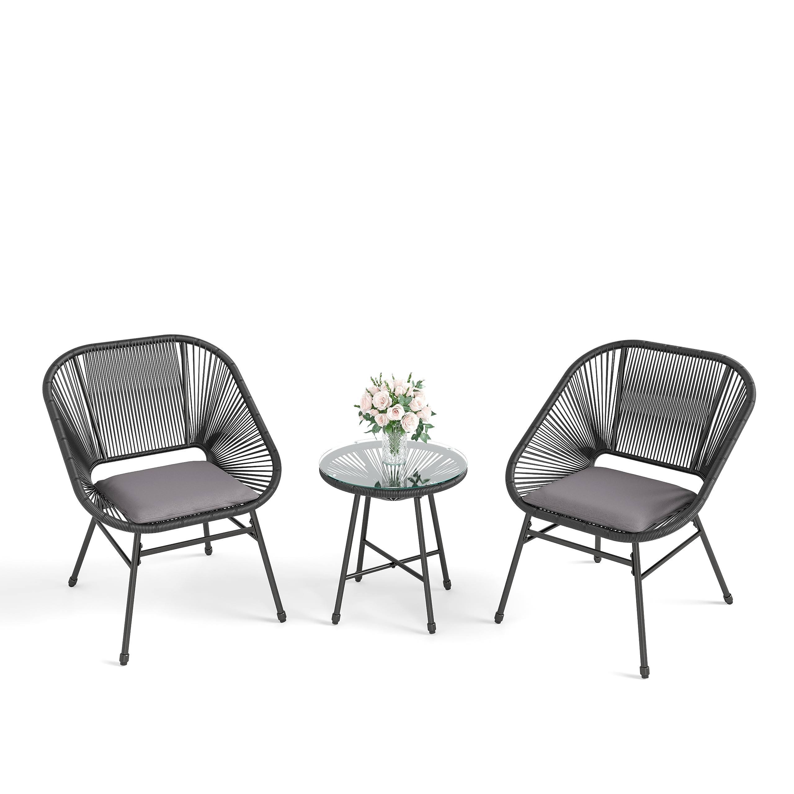 HERA'S HOUSE 3-Piece Patio Furniture Bistro Set, Outdoor Wicker Conversation Set w/ 2 Handwoven Cushioned Chairs, Side Coffee Table for Backyard Lawn Porch Poolside Balcony
