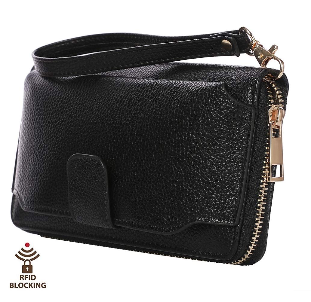 Women Wristlet Wallet with Cell Phone Holder Zip Around Handbag Black Large
