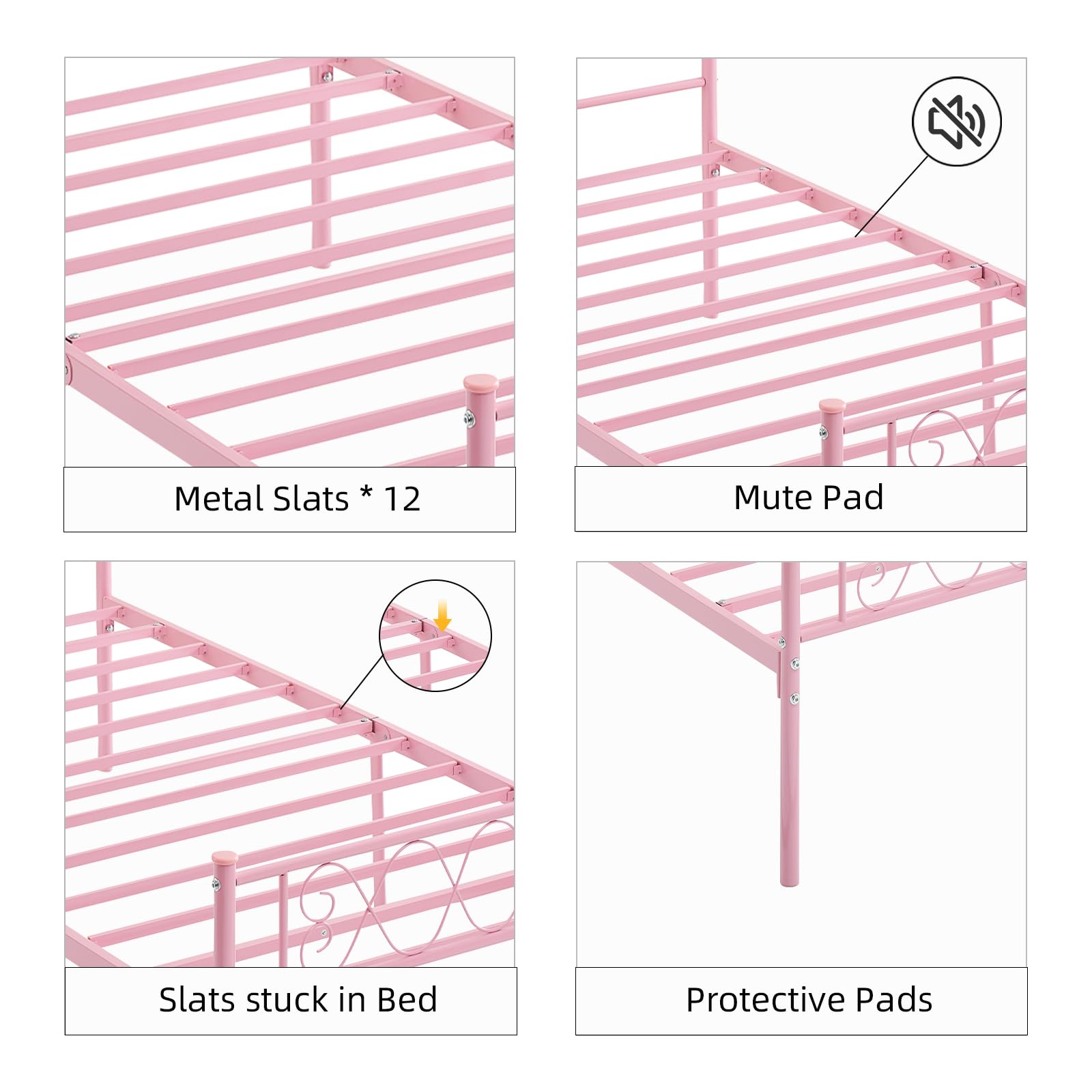 IDEALHOUSE Pink Metal Twin Bed Frame with Headboard and Footboard for Girls and Boys, Twin Size Platform Bed Frame with Iron-Art Sweet Heart, No Box Spring Needed, Easy Assembly