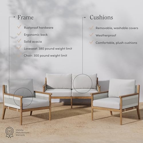 Nathan James Kayden Bohemian 3-Piece Patio Conversation Set, Outdoor Loveseat Set with Removable Cushion Covers, Solid Acacia Wood Patio Loveseat and Chairs, Light Brown
