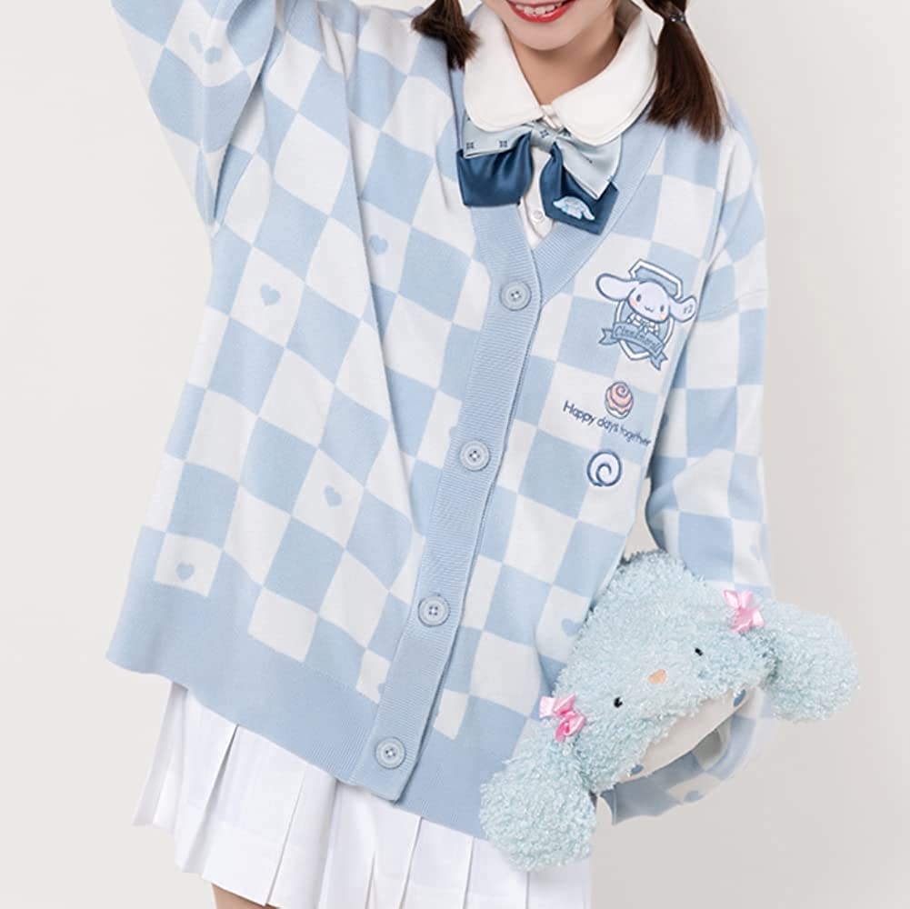 Cosplay Sweater Kawaii Button Knitted Outerwear Women's Japan Cute Cardigan Plaid Jk Uniform Cardigan Sweater (US, Alpha, Large, Regular, Regular, Blue)