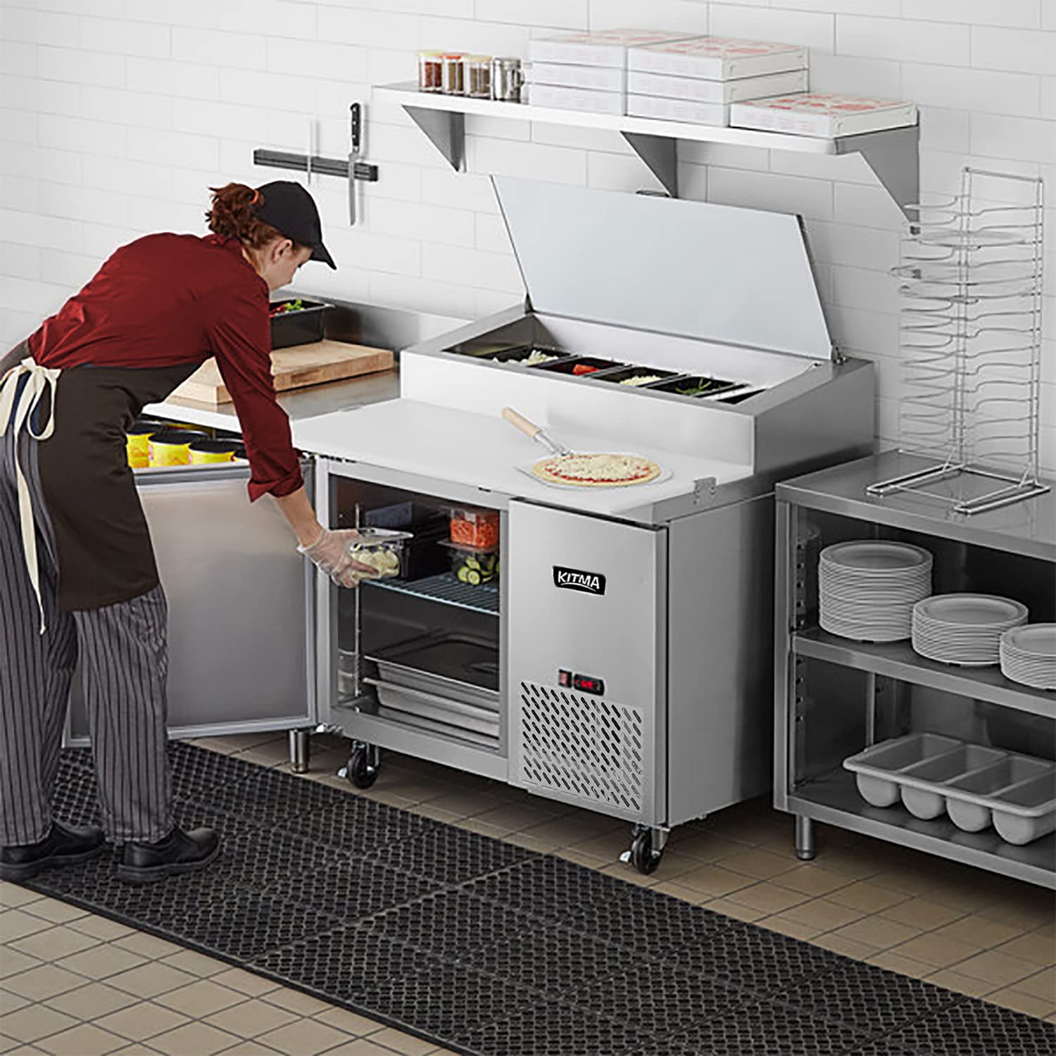 KITMA 44 Inch Pizza Prep Table Refrigerator Single Door Rrep talbe with Standard Top, 9.7 Cu.ft, 6 Food Pans, USA