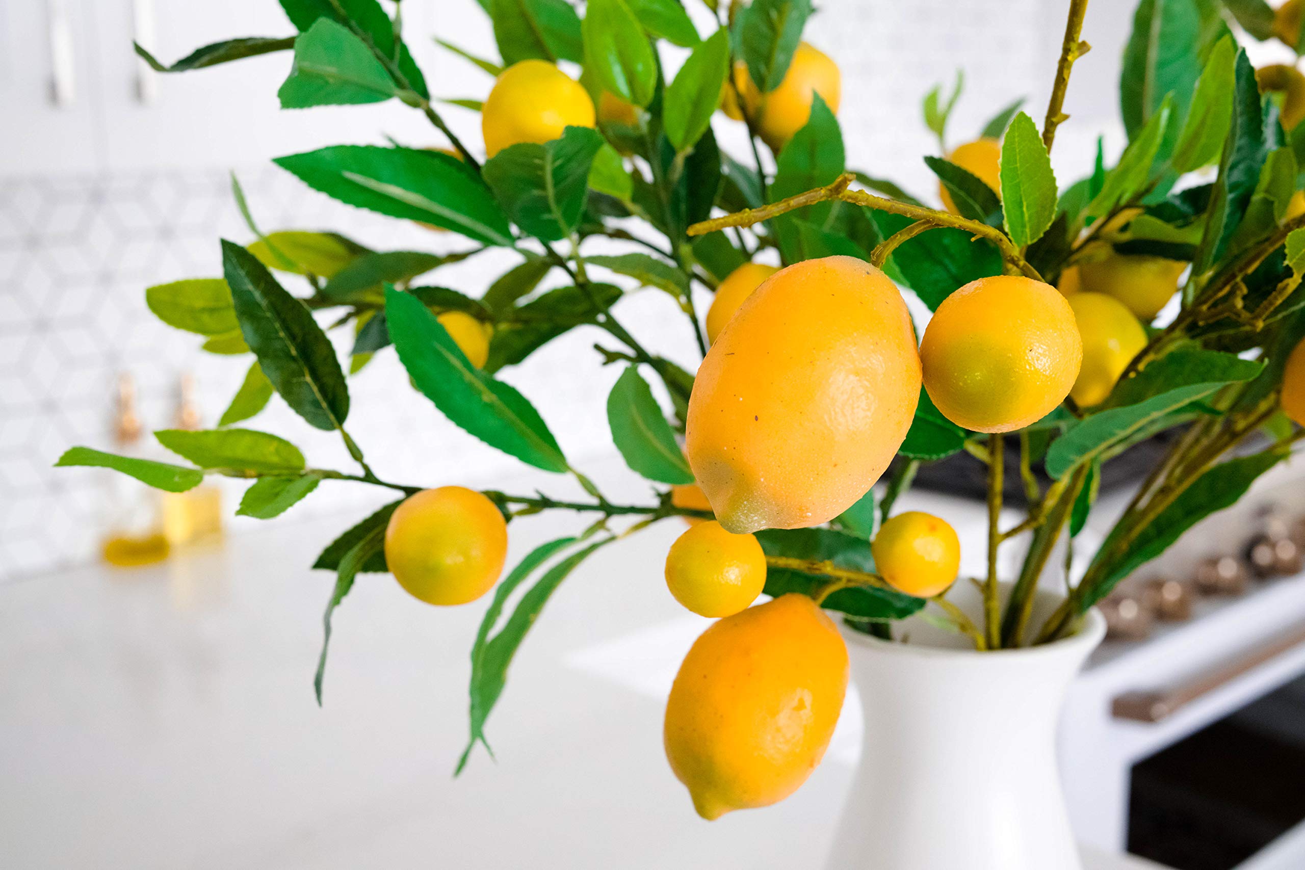 DomainScape 5 Pack Lemon Branch Decor - Artificial Lemon Branch Decoration - Full Unique Display - Large & Small Lemons with Green Leaves. Great for Kitchen, Home, Garden-Farmhouse Style