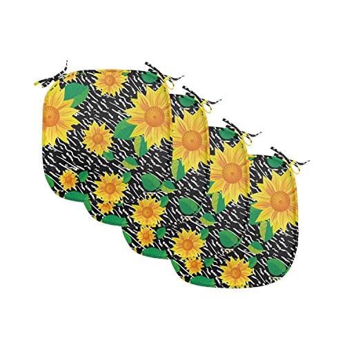 Lunarable Floral Chair Seating Cushion Set of 4, View of Sunflowers on a Background of Monochrome Stripes, Anti-Slip Seat Padding for Kitchen & Patio, 16"x16", Charcoal Grey Yellow