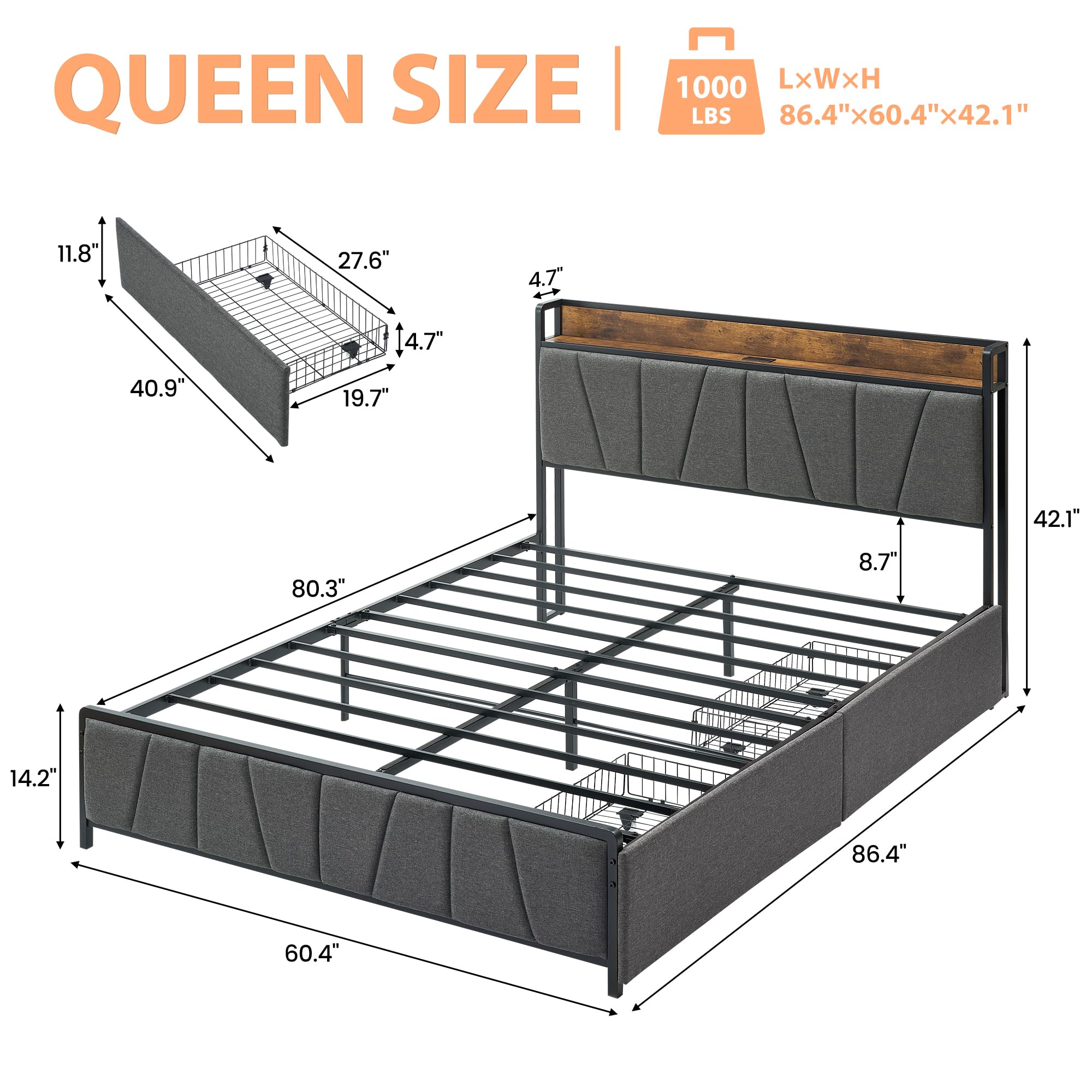 IDEALHOUSE Twin Size Bed Frame with 2 Storage Drawers and Charging Station, Upholstered Platform Bedframe with Storage Headboard, Heavy Duty, No Box Spring Needed, Easy Assembly, Noise Free, Grey