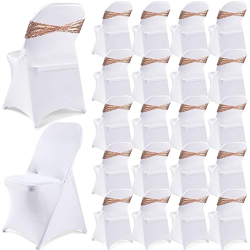 Windyun 50 Pcs Stretch Folding Chair Cover and Sequin Chair Sashes Universal Spandex Chair Slipcovers Double Sided Sequin Bows Washable Chair Protector for Wedding Birthday Banquet (White, Rose Gold)
