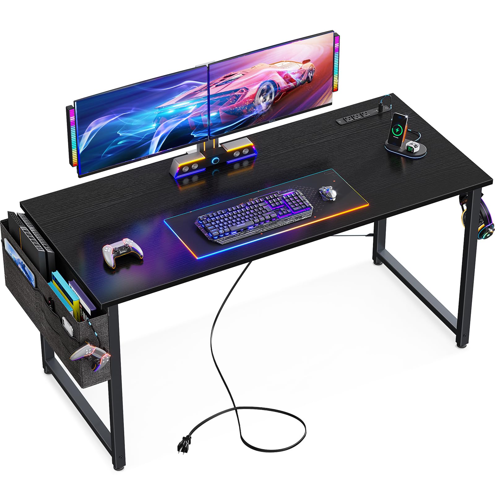 KKL Small Desk with Power Outlets and USB Port Computer Desk for Home Office Gaming Simple Modern Style Writing Desks with Storage Bag Headphone Hook, 48 inch, Black