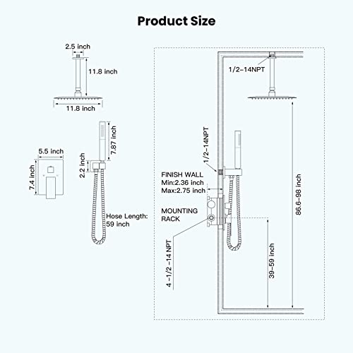 gotonovo Ceiling Mount Shower Faucet Set Matte Black 12 Inch Square Showerhead Bathroom Rainfall Shower System Stainless Steel Shower Trim Kit 2 in 1 Cylindrical Handheld shower with Rough-in Valve
