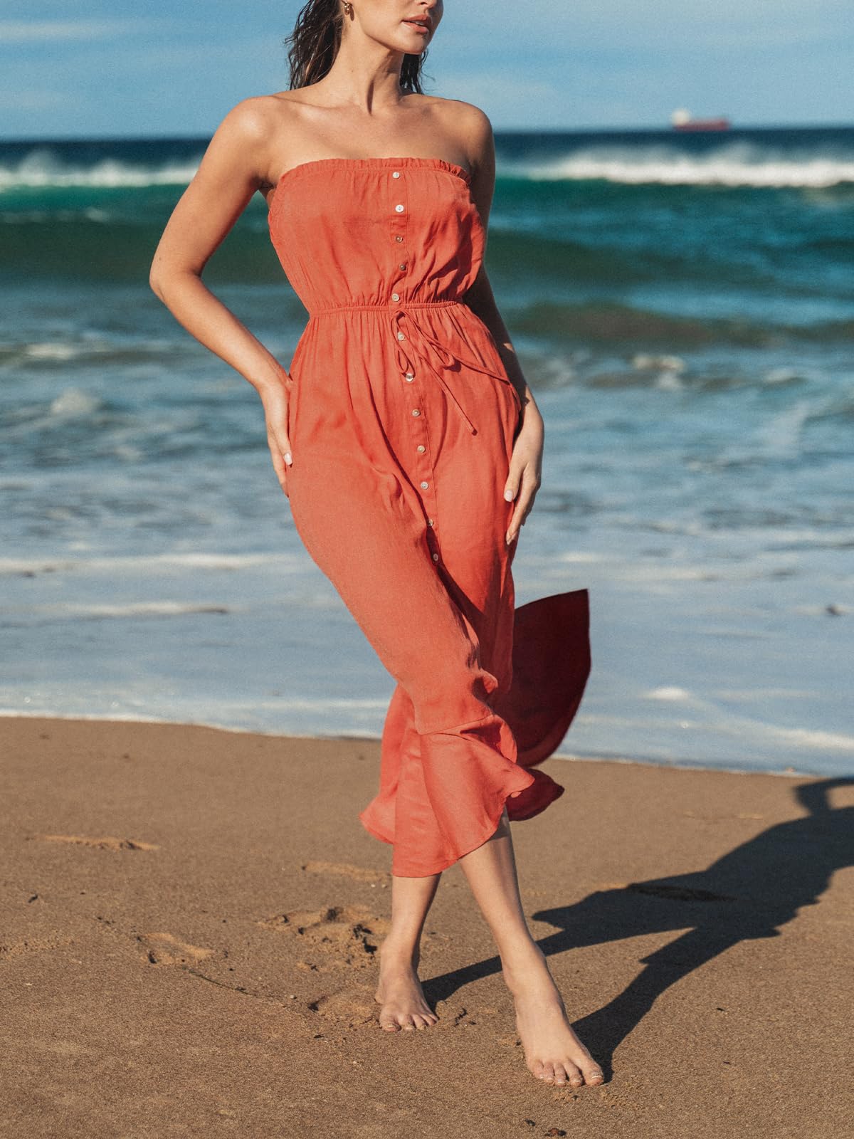 CUPSHE Women's Drawstring Ruffled Maxi Tube Dress Mixi Sleeveless Summer Dress Coral